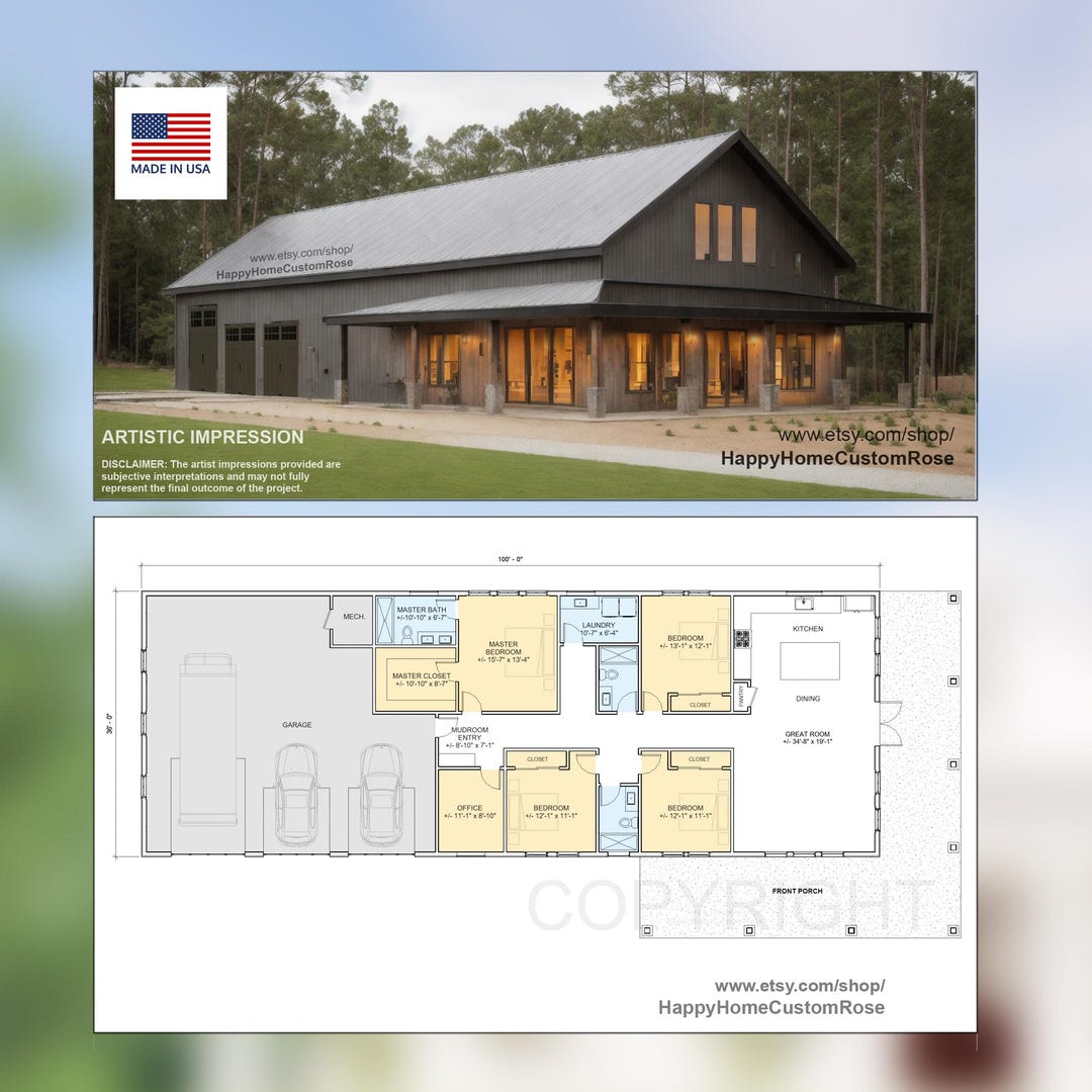 Modern Barndominium House Plan – 4 Bed, Open Plan (PDF Drawings) - Etsy