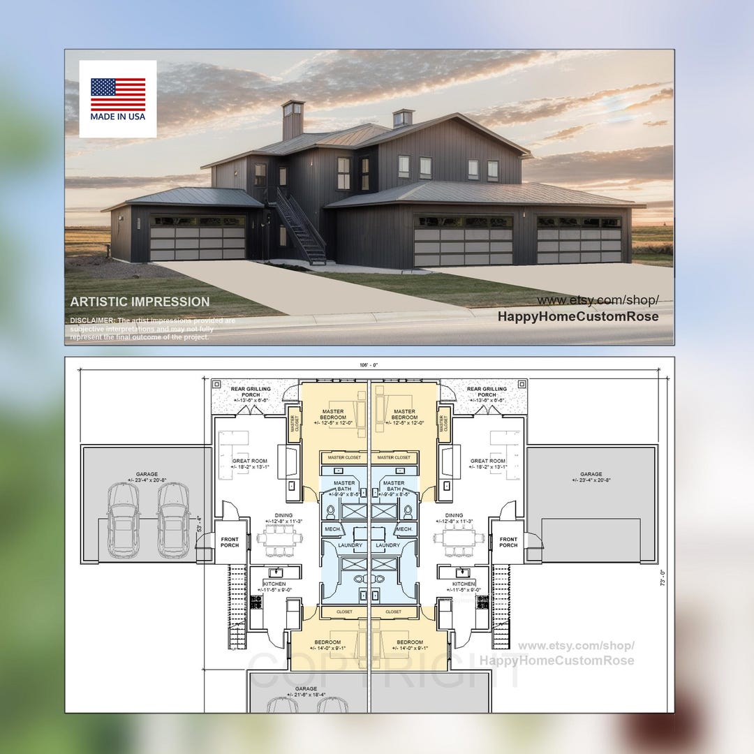 Hip Roof Fourplex Investment Rental Plan - 8 Bed 8 Bath - Modern ...