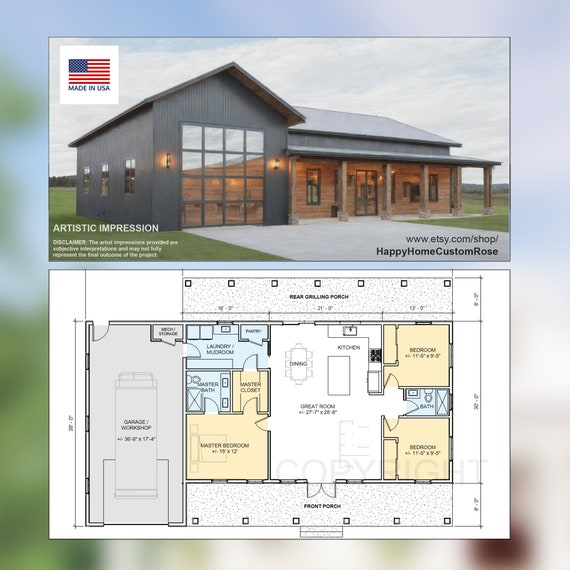 Split Floor Plan Modern House Barn Plan 41850 | Barndominium Style