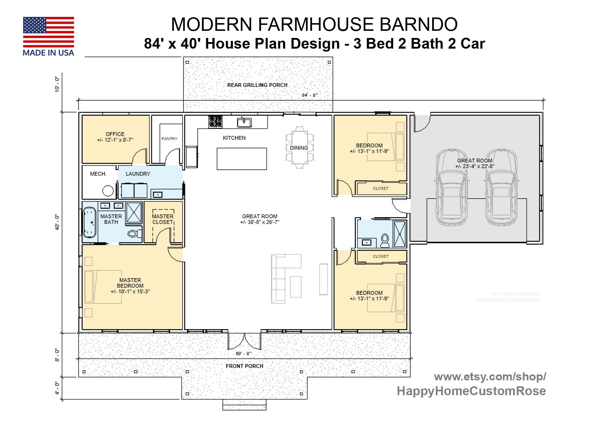 Farmhouse Barndominium - 40' X 60' House Plan Design - 3 Bed 2 Bath ...
