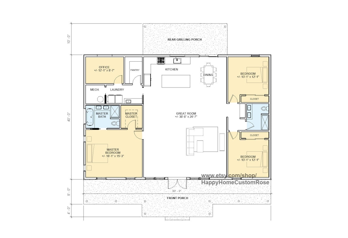 Farmhouse Barndominium 40' X 60' House Plan Design 3 Bed 2 Bath ...