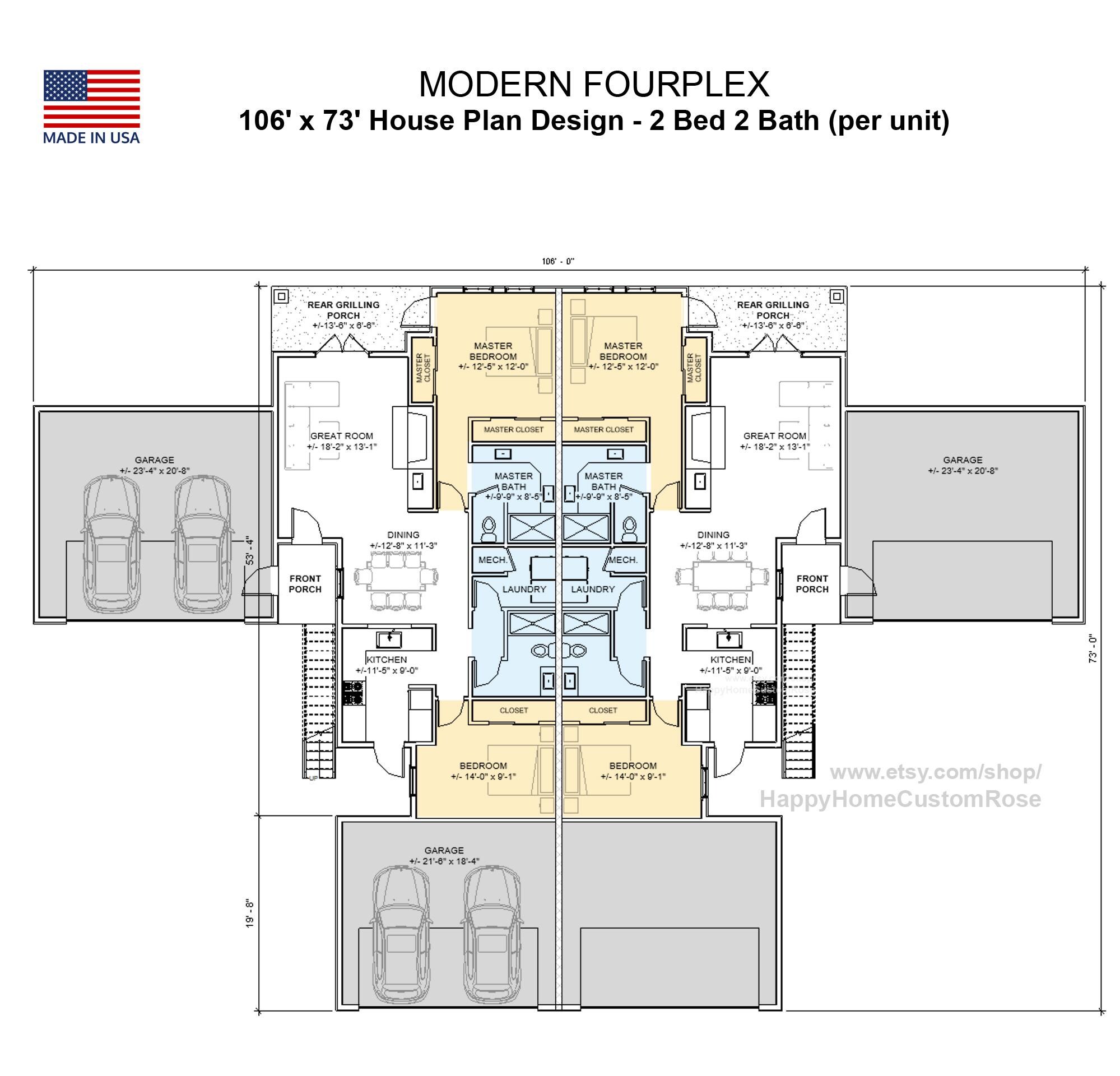 Hip Roof Fourplex Investment Rental Plan - 8 Bed 8 Bath - Modern ...