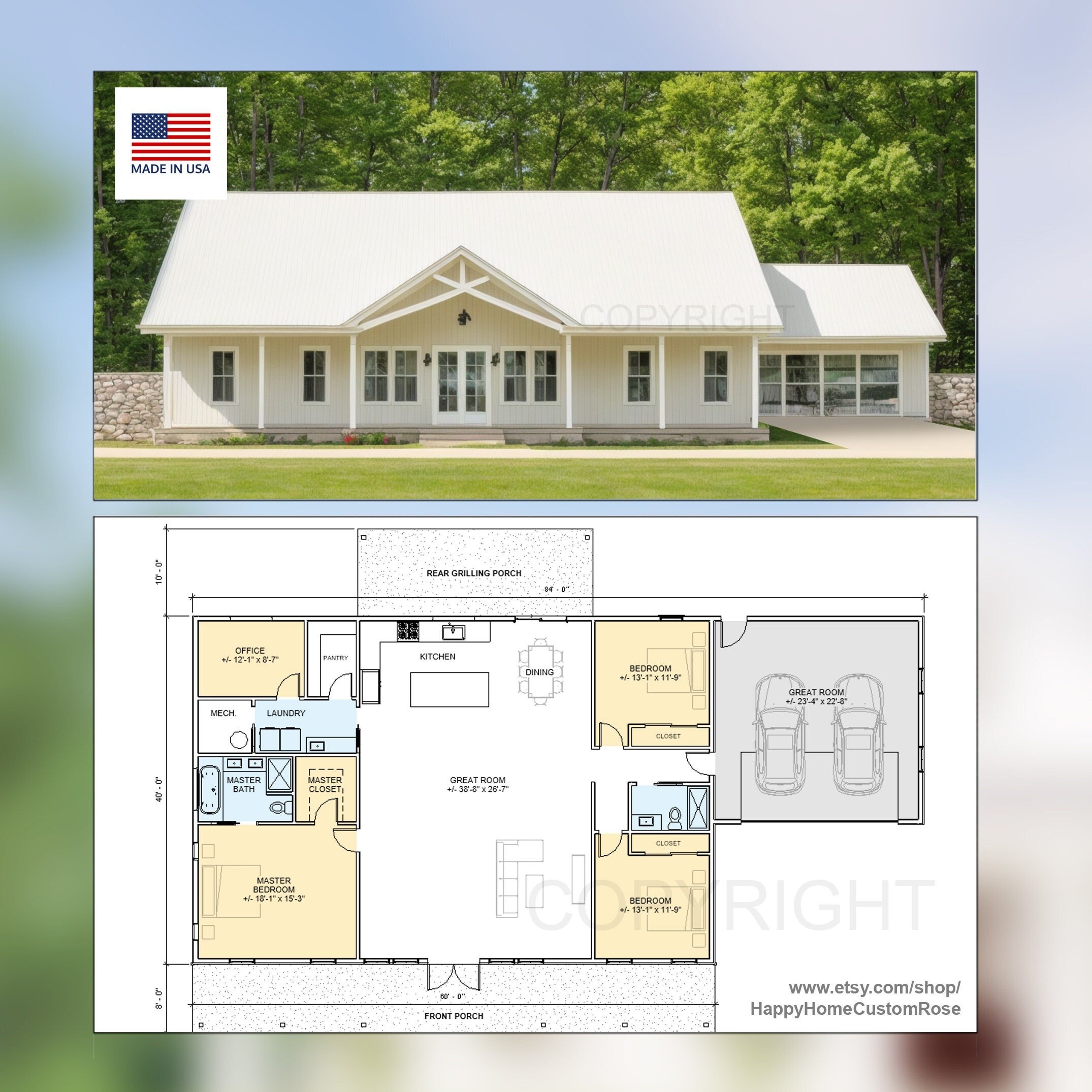 Farmhouse Barndominium - 40' X 60' House Plan Design - 3 Bed 2 Bath ...