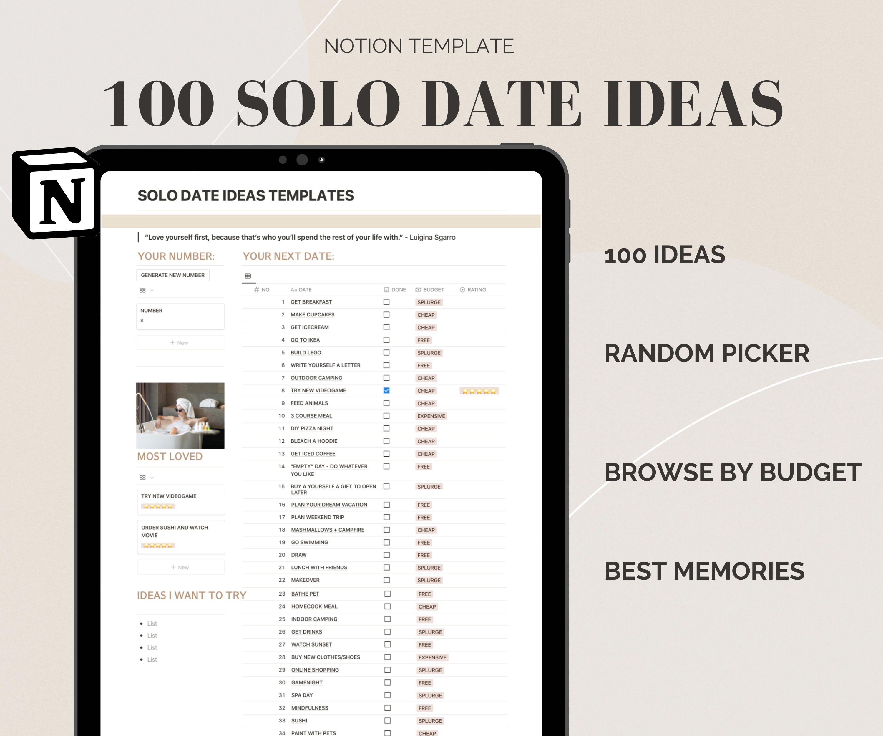 Solo Date Ideas Notion Template Self Care Template, Notion Dashboard ...