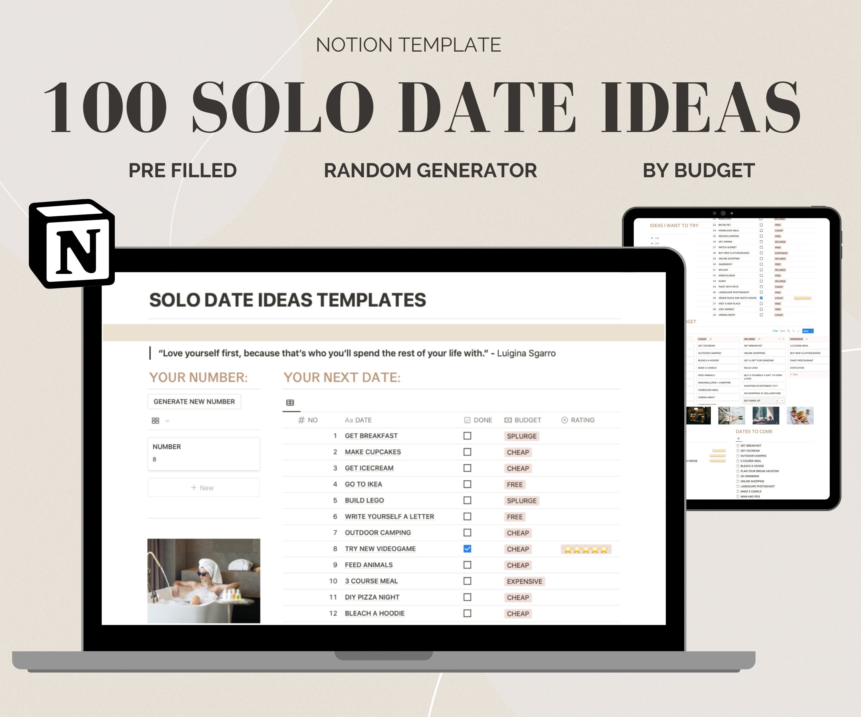 Solo Date Ideas Notion Template Self Care Template, Notion Dashboard ...