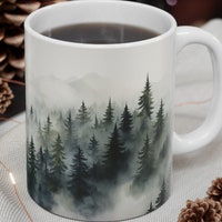 Forest Landscape Ceramic Mug, Rustic Mountain Pines Printed Coffee Cup ...