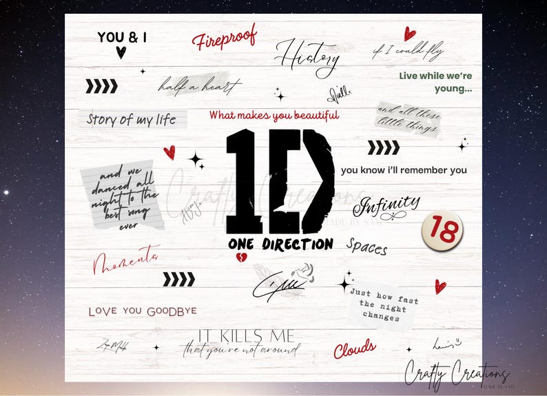 One Direction Tumbler Wrap: 1D Song Titles, Memories (digital Download ...