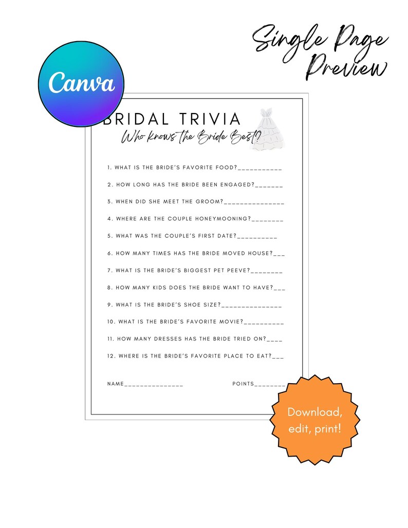 Bridal Shower Game Digital Download “bridal Trivia”. - Etsy