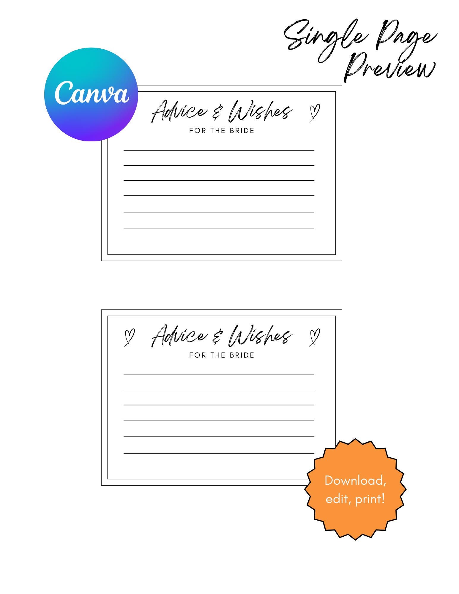 Bridal Shower “advice & Wishes for the Bride” Cards - Etsy