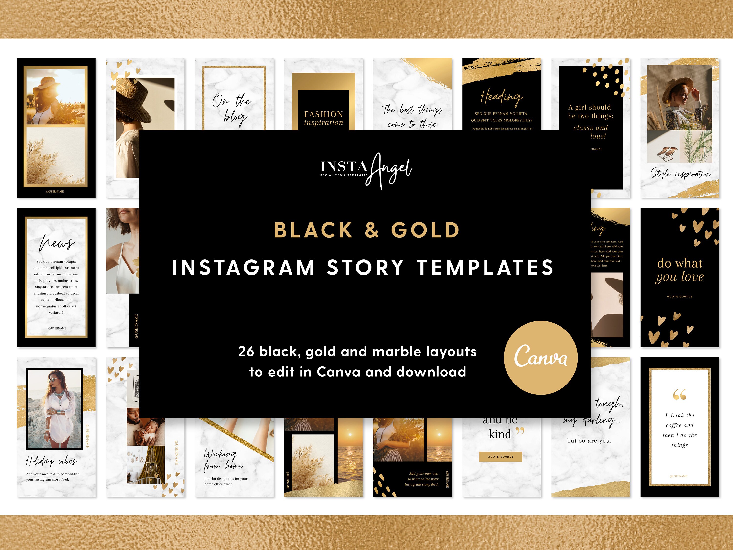 Black Gold Marble Instagram Story Templates Canva Instagram Posts - Etsy
