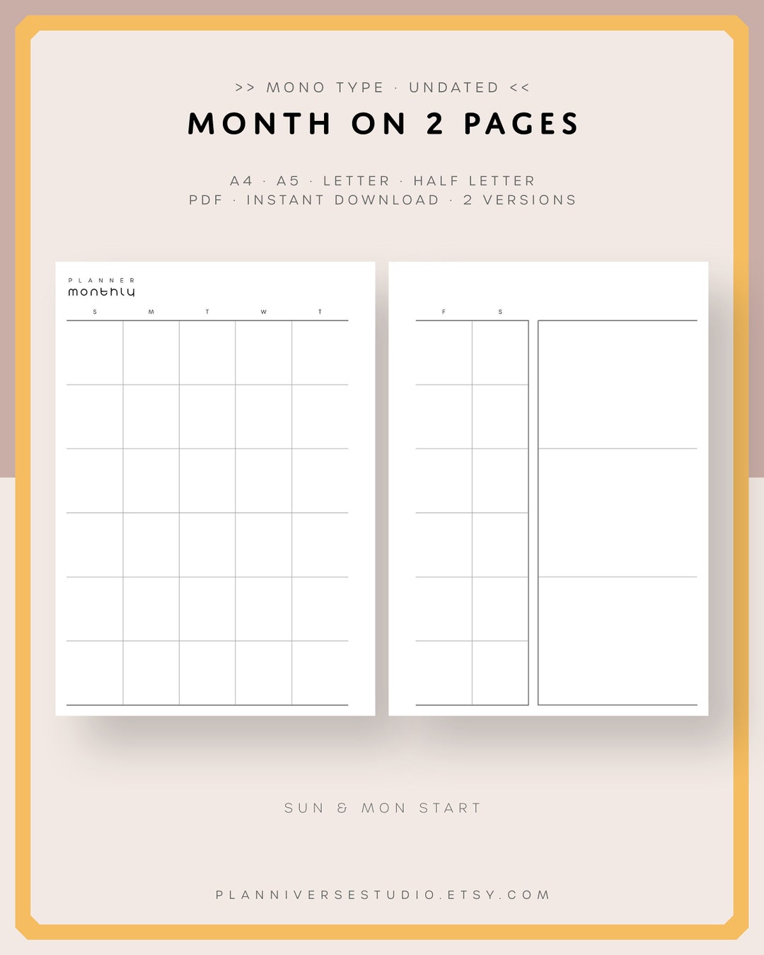 Monthly Planner | Month on 2 Pages | Undated Simple Calendar | Minimal ...