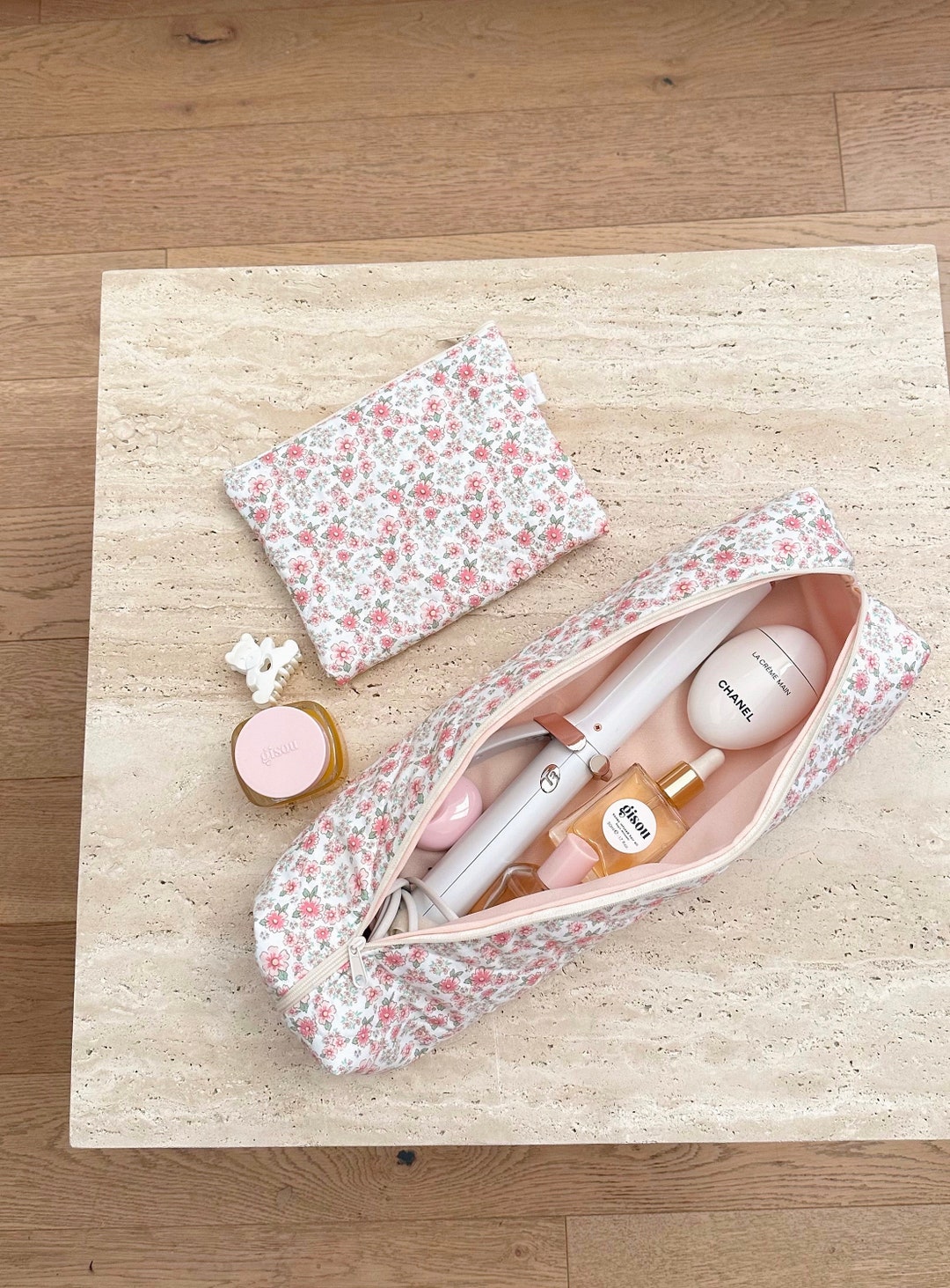 Hairtool/dyson Bag Cream Pink Floral - Quilted Makeup Travel Bag ...