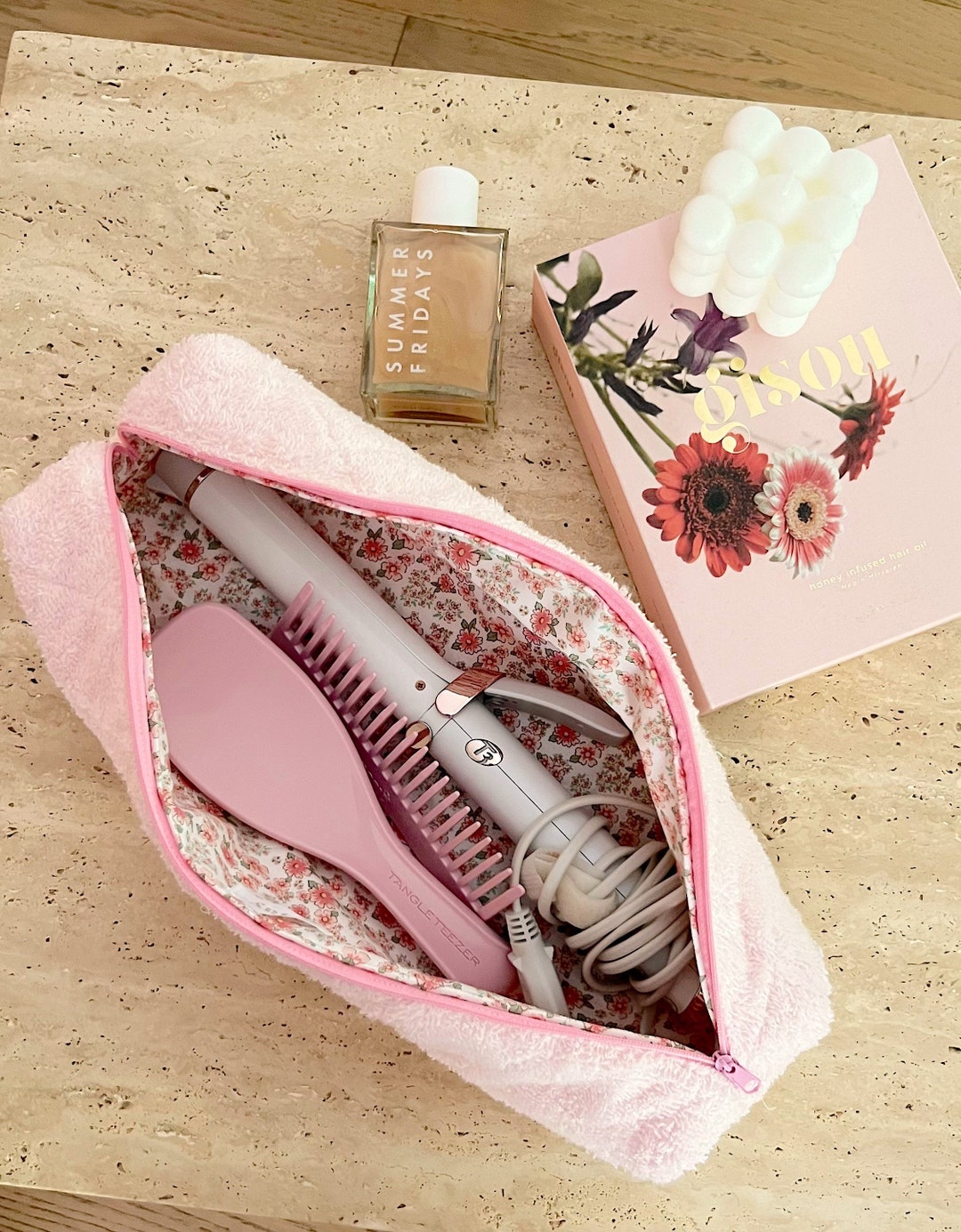 Hairtool/dyson Bag Baby Pink Teddy Cream Floral - Quilted Makeup Travel ...