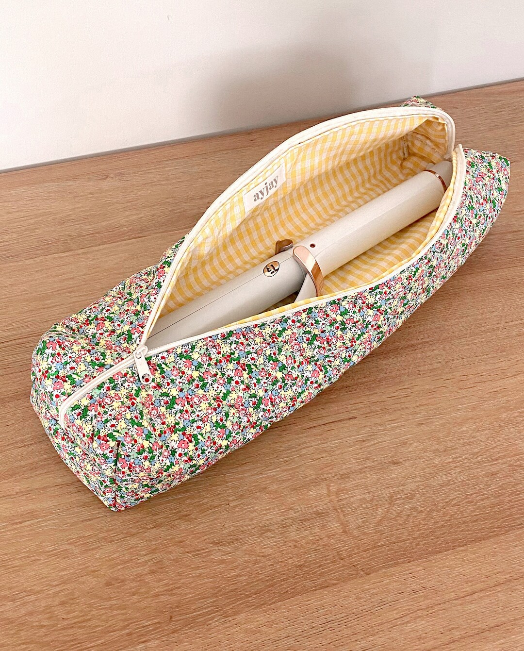 Hairtool/dyson Bag Green Floral Yellow Gingham - Quilted Makeup Travel ...