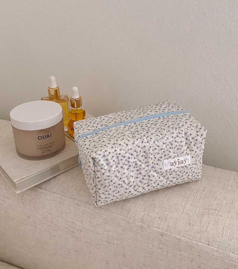Makeup Bag Quilted Cosmetics Bag Light Blue Ditsy Floral Etsy