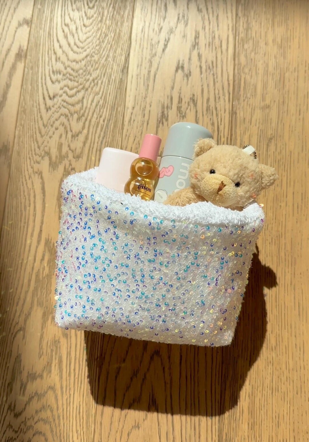 White Sparkle Sequin Blue Silver Teddy Make-up Organizer - Makeup Bag ...