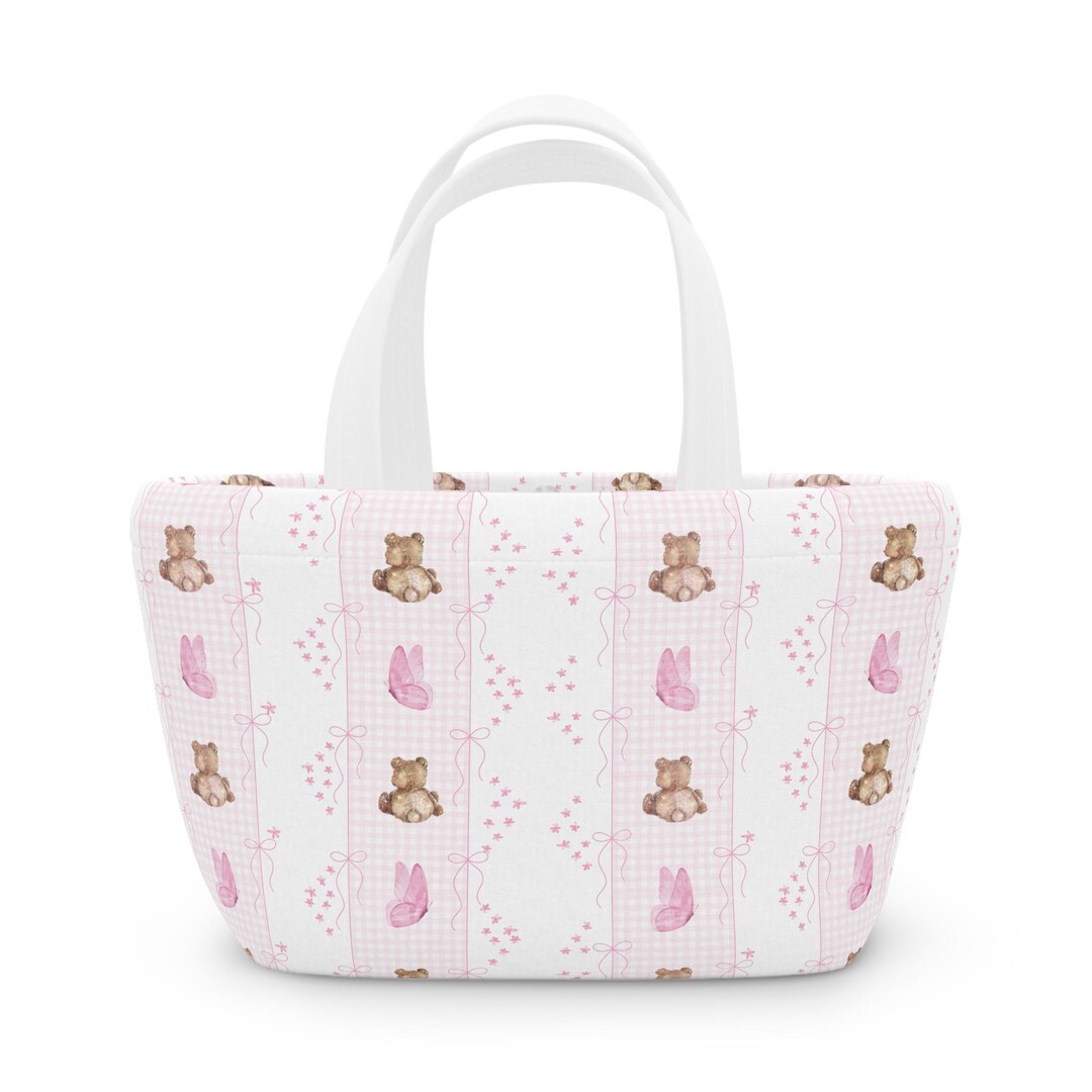 Pink Teddy Bear Stripes Floral Waterproof Lunch Bag | Neoprene Bento ...