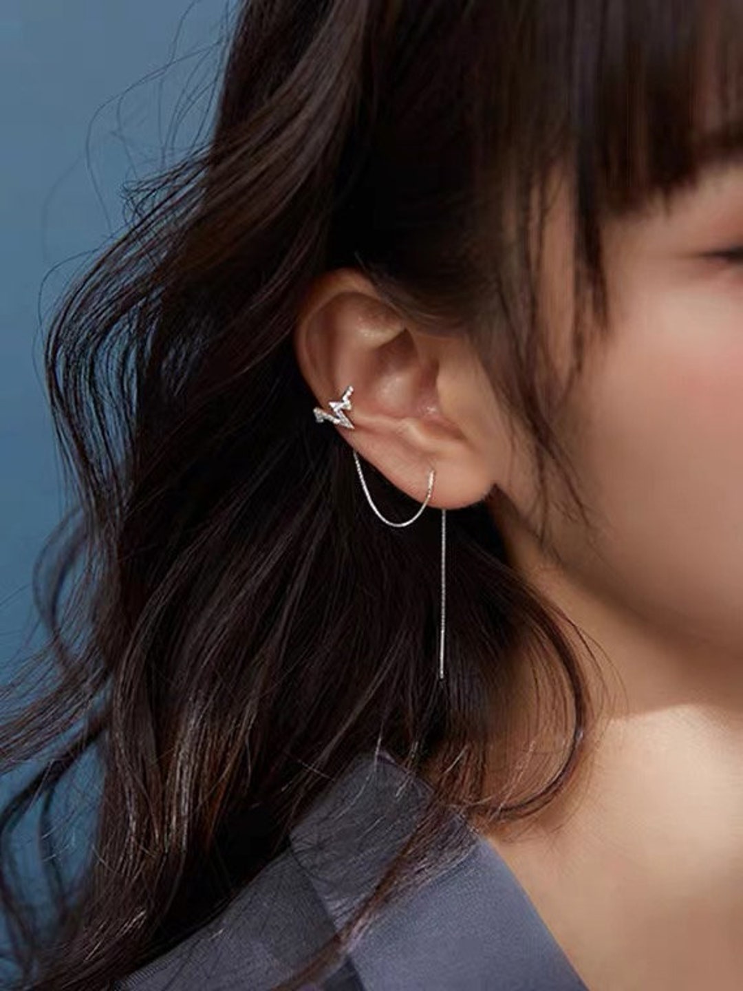 Long Chain Threader With Ear Cuff Earring, Threader Ear Cuff, Ear Cuff ...