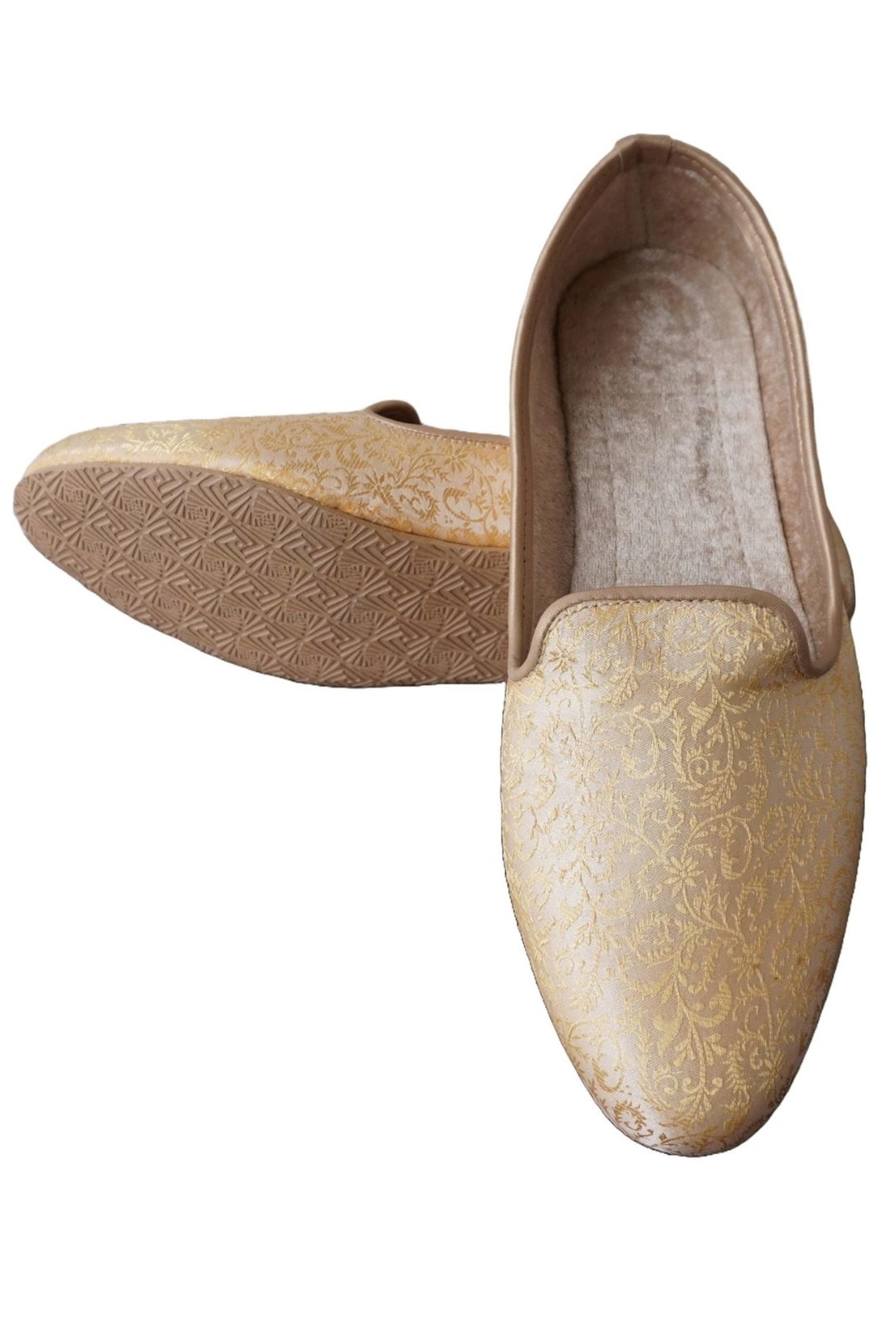 Golden Floral Brocade Wedding Loafers for Men, Handmade Indian Groom ...