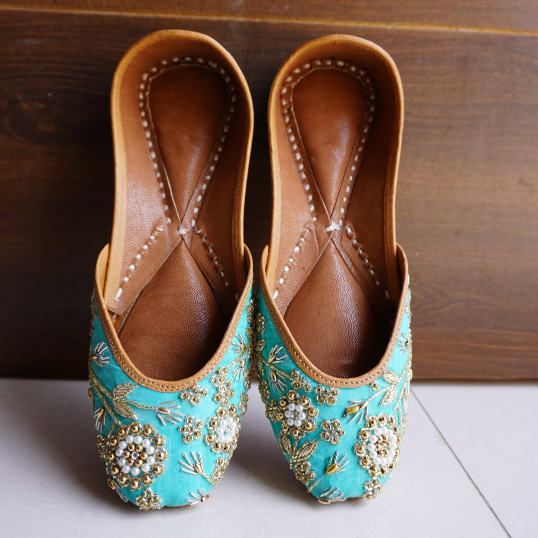 Sky Blue Leather Punjabi Jutti : Bridal & Dance Ballet Footwear With ...