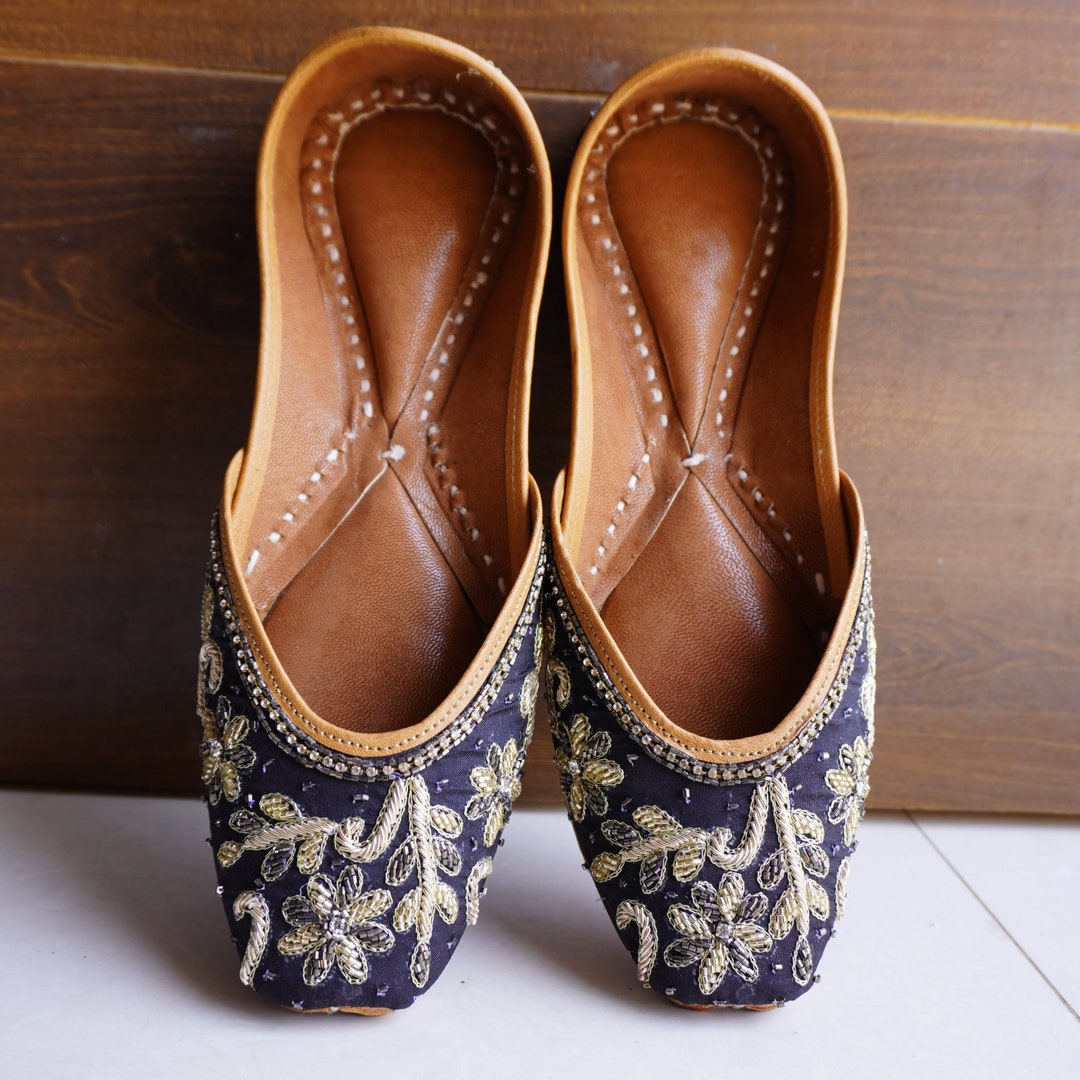 Black Leather Bridal Jutti: Handmade Pakistani Khussa Shoes With ...