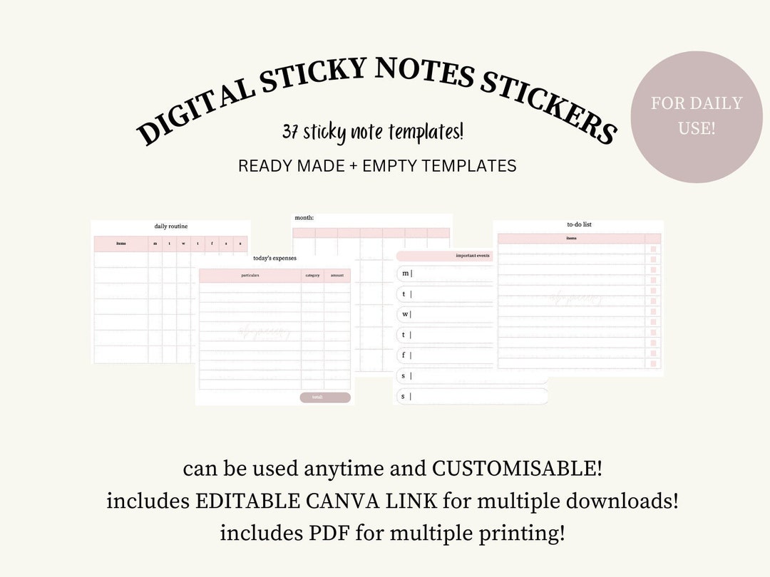 Daily Sticky Notes Templates | Digital and Printable | Editable on ...