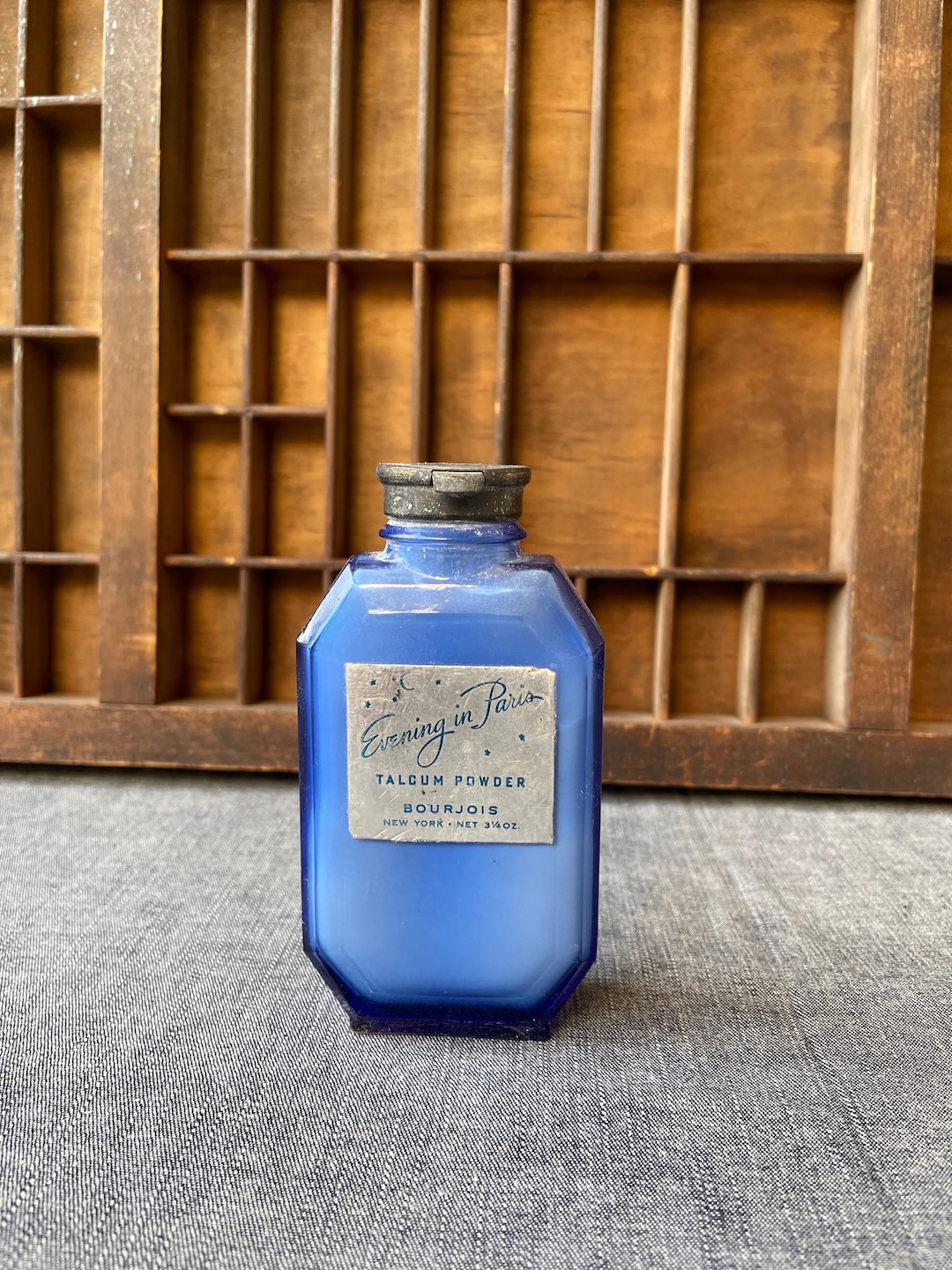 Evening in Paris Talcum Powder Bottle. Bourjois. New York. Cobalt Blue ...