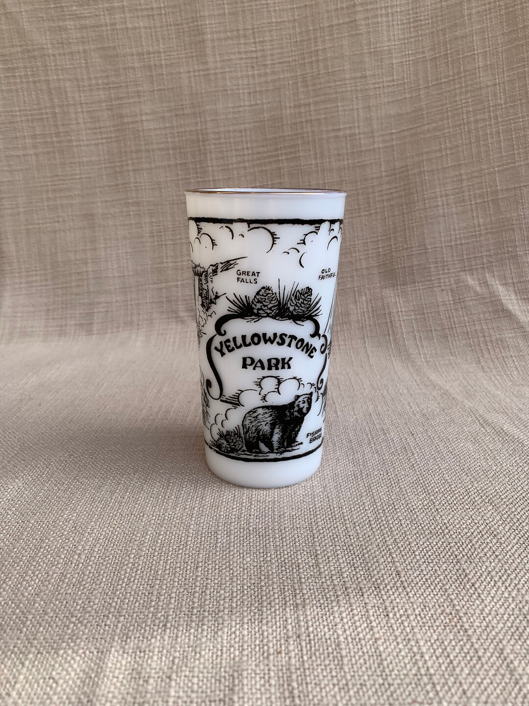 Hazel Atlas Yellowstone Park Souvenir Glass. Vintage Milk Glass ...