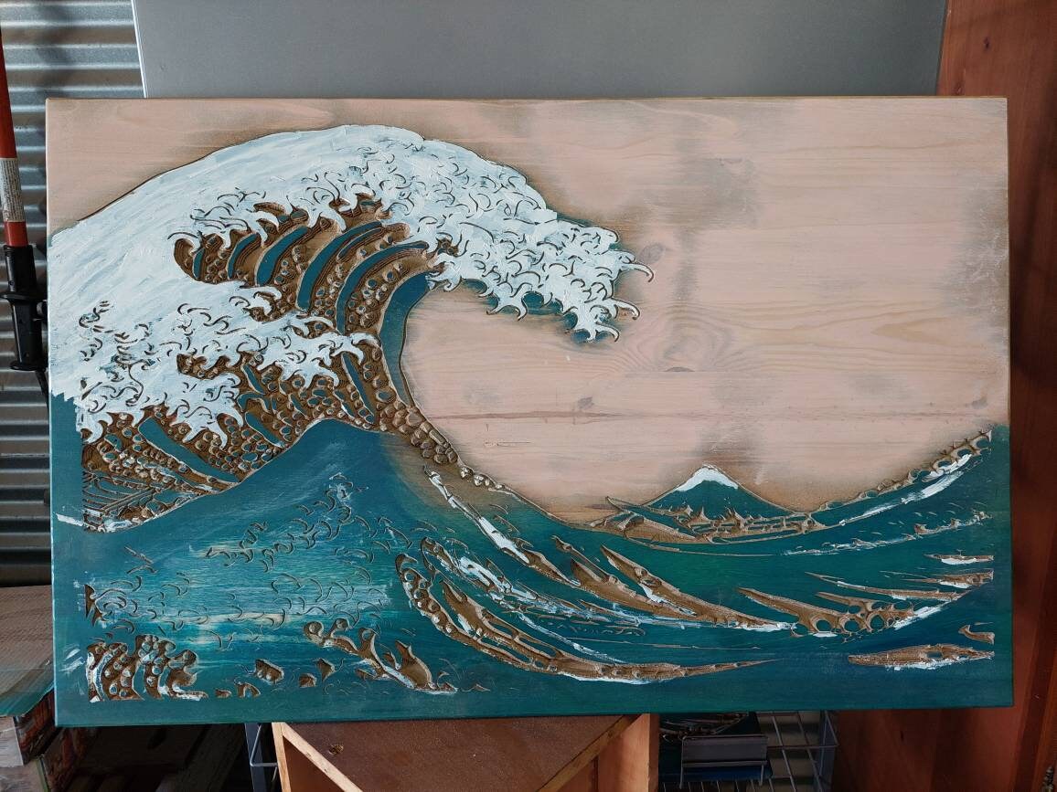 Painted and Carved Wood Great Wave Wall Art - Etsy