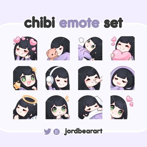 12 Pastel Chibi Streamer Black Hair Green Eyes Comfy Emote Set Cute ...