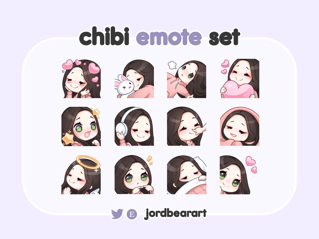 12 Pastel Chibi Streamer Brown Hair Green Eyes Comfy Emote Set - Etsy UK