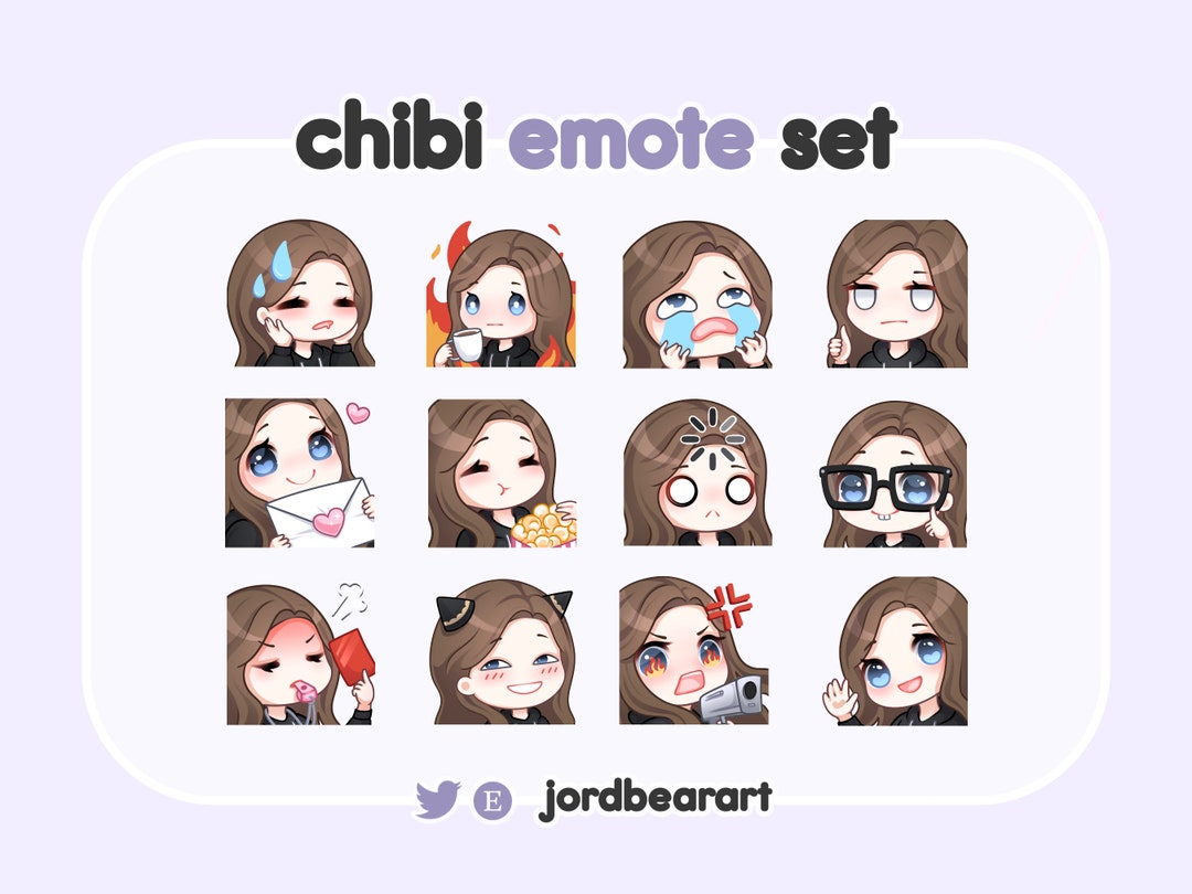 12 Pastel Chibi Streamer Brown Hair Blue Eyes Comfy Emote Set Cute ...