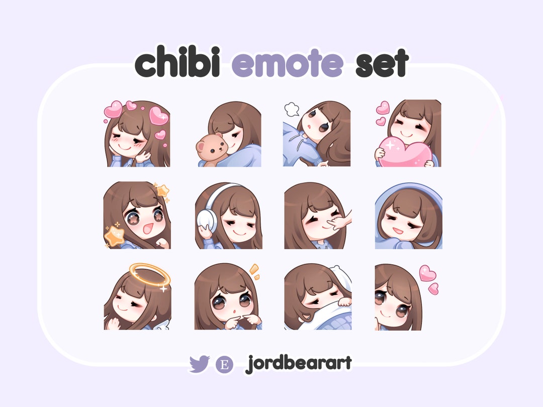 12 Pastel Chibi Streamer Brown Hair Brown Eyes Comfy Emote Set Cute ...