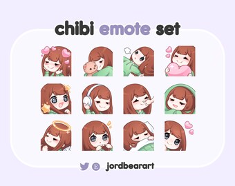 12 Pastel Chibi Streamer Black Hair Green Eyes Comfy Emote Set - Etsy