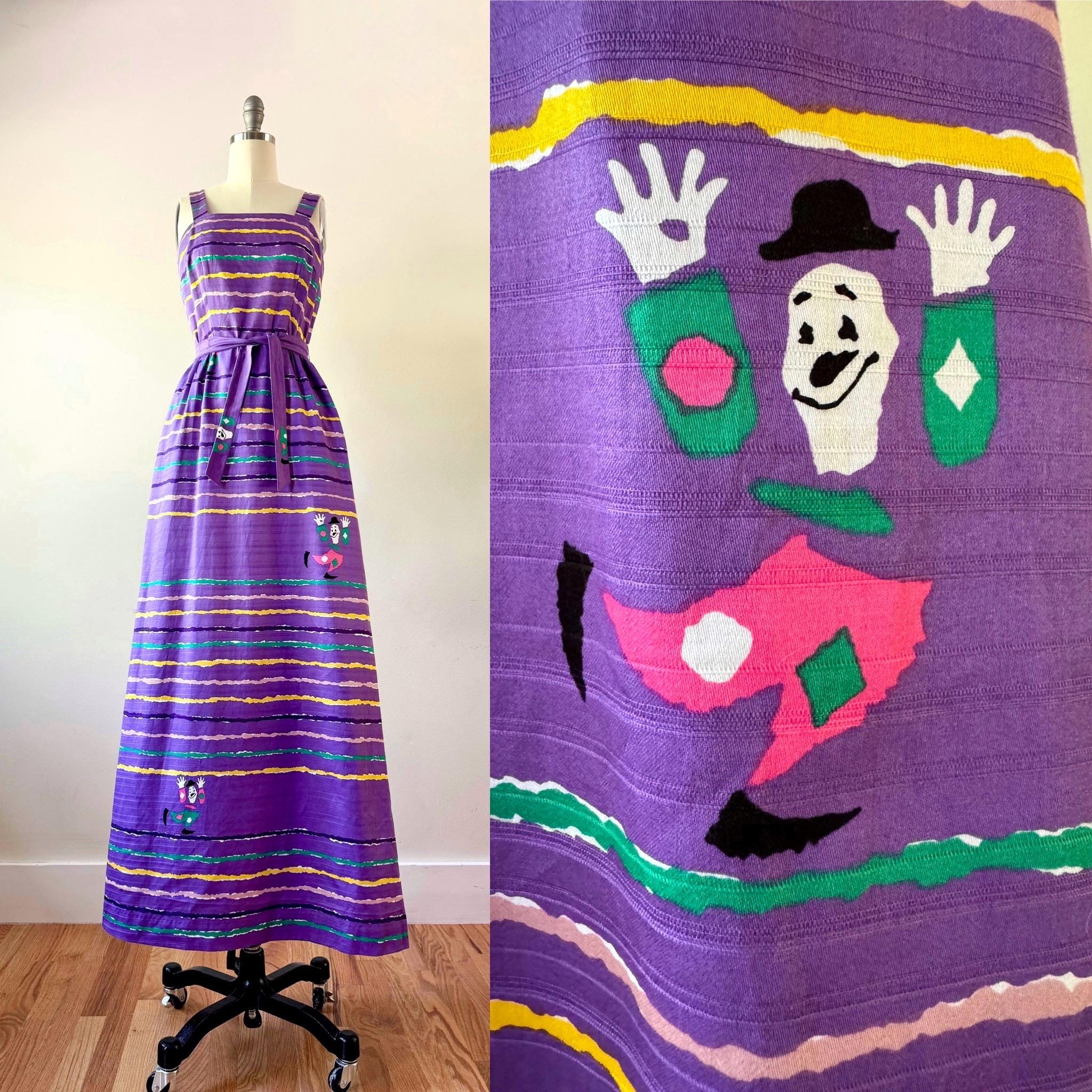 Vintage 70s Tori Richard Clown Novelty Print Cotton Maxi Pockets Summer ...