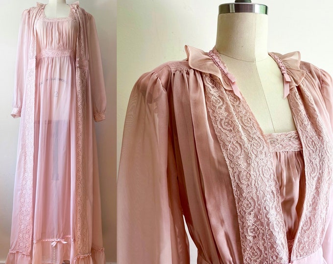 Vintage 30s / 40s Pale Pink Peignoir Set ~ Long Maxi Nightgown W ...