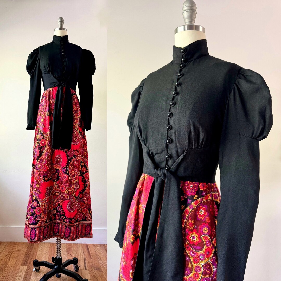 Vintage 60s Victorian Inspired Puff Sleeve Mod Maxi Dress ~ Psychedelic ...