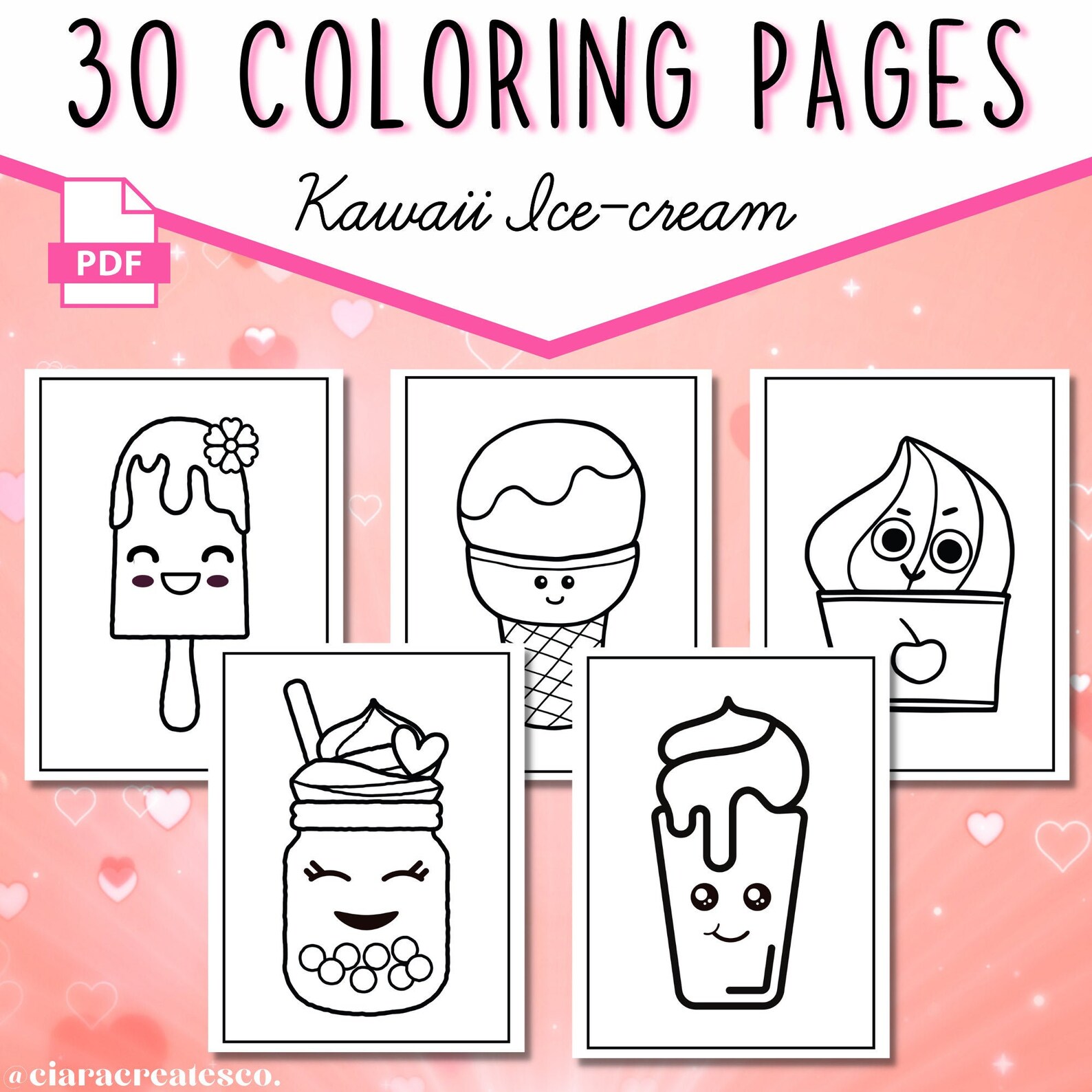 30 Kawaii Ice Cream Coloring Pages for Kids, Printable Kawaii Coloring ...