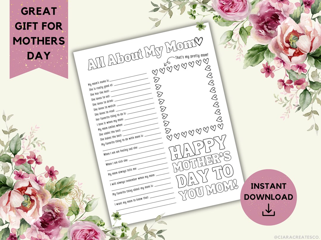 Mother's Day Printable, All About My Mom, Mothers Day Gift, Card for ...