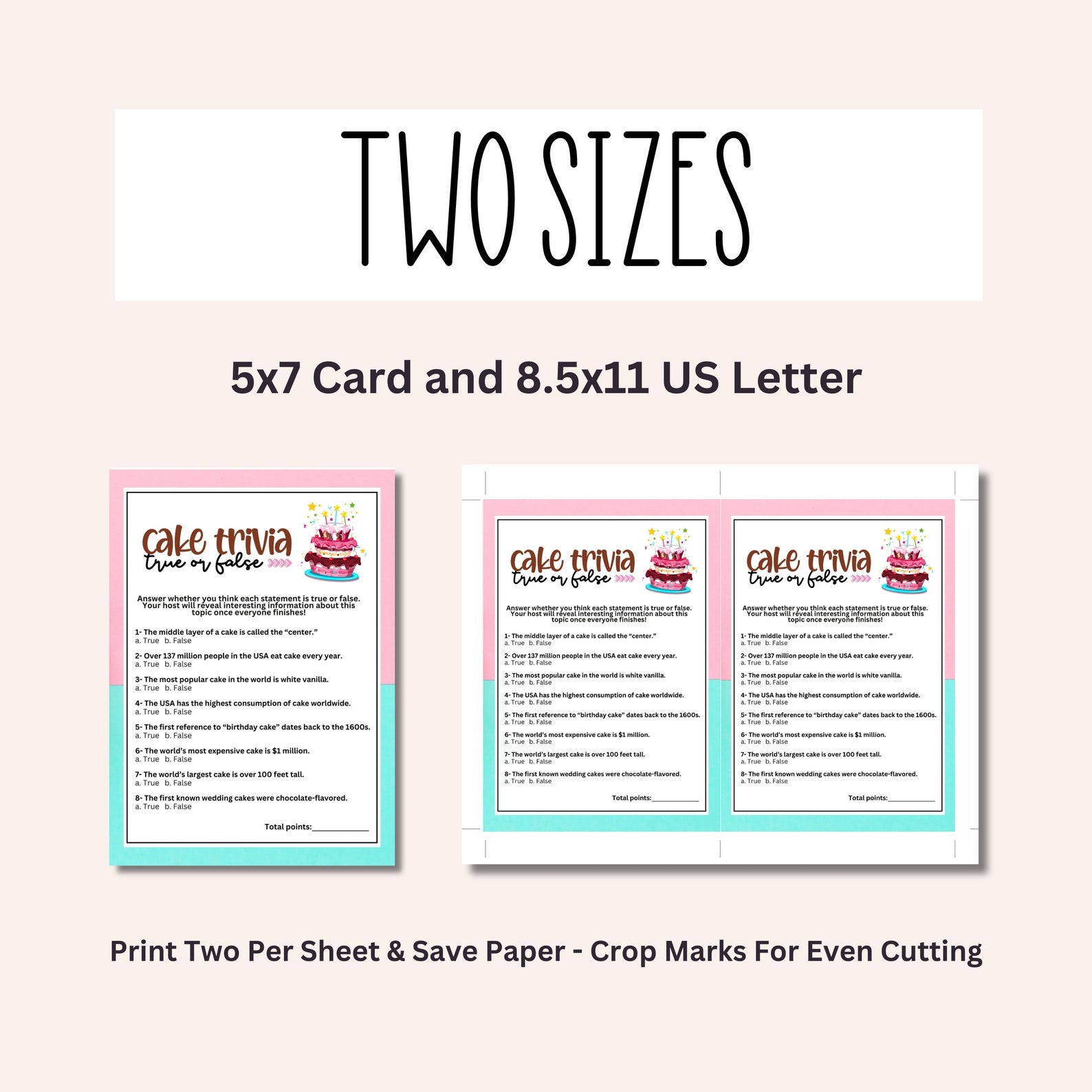 Cake True or False Trivia Printable Activity Quiz Game for Kids Adults ...