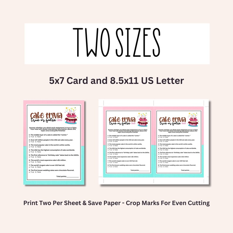 Cake True or False Trivia Printable Activity Quiz Game for Kids Adults ...
