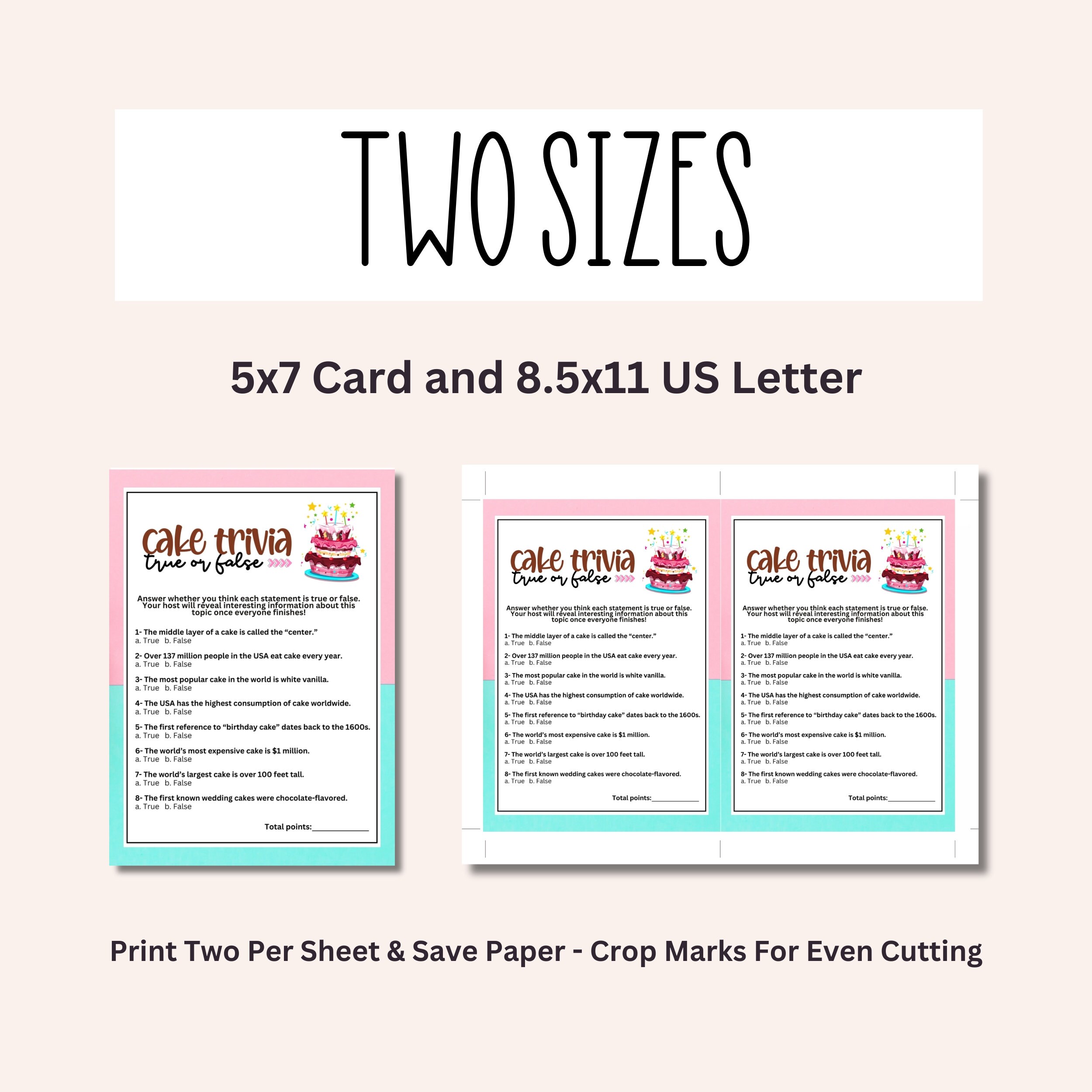 Cake True or False Trivia Printable Activity Quiz Game for Kids Adults ...