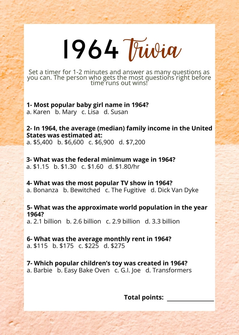 Born in 1964 Trivia 60th Birthday Game Party Pack Bundle Set of Instant ...