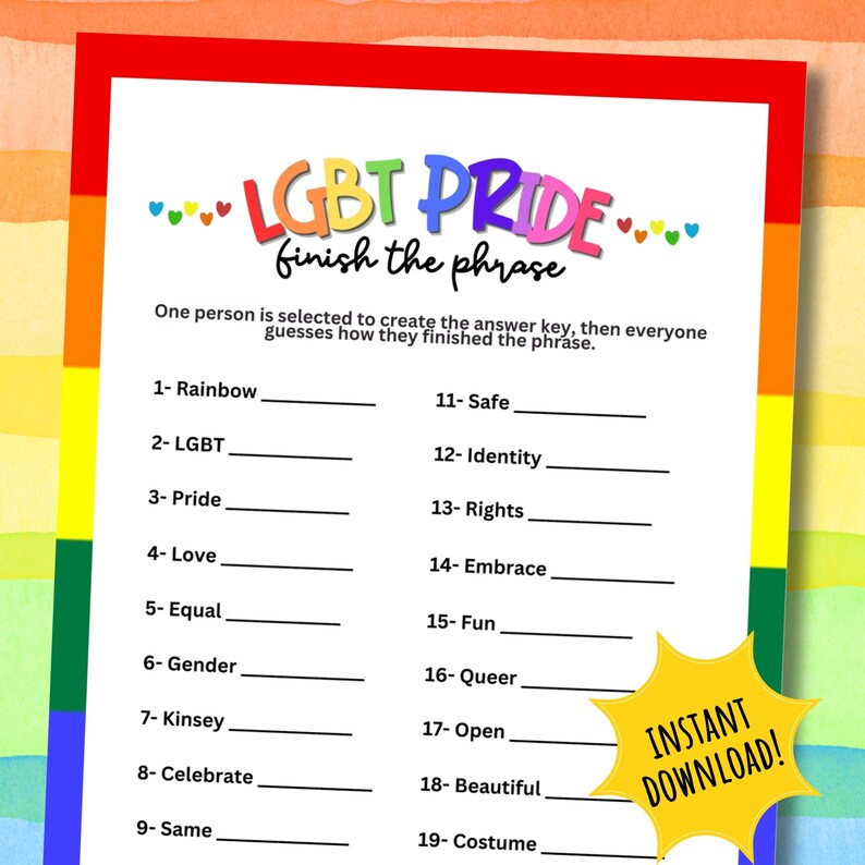 LGBT Pride Party Finish the Phrase Game Word Trivia Quiz for Rainbow ...