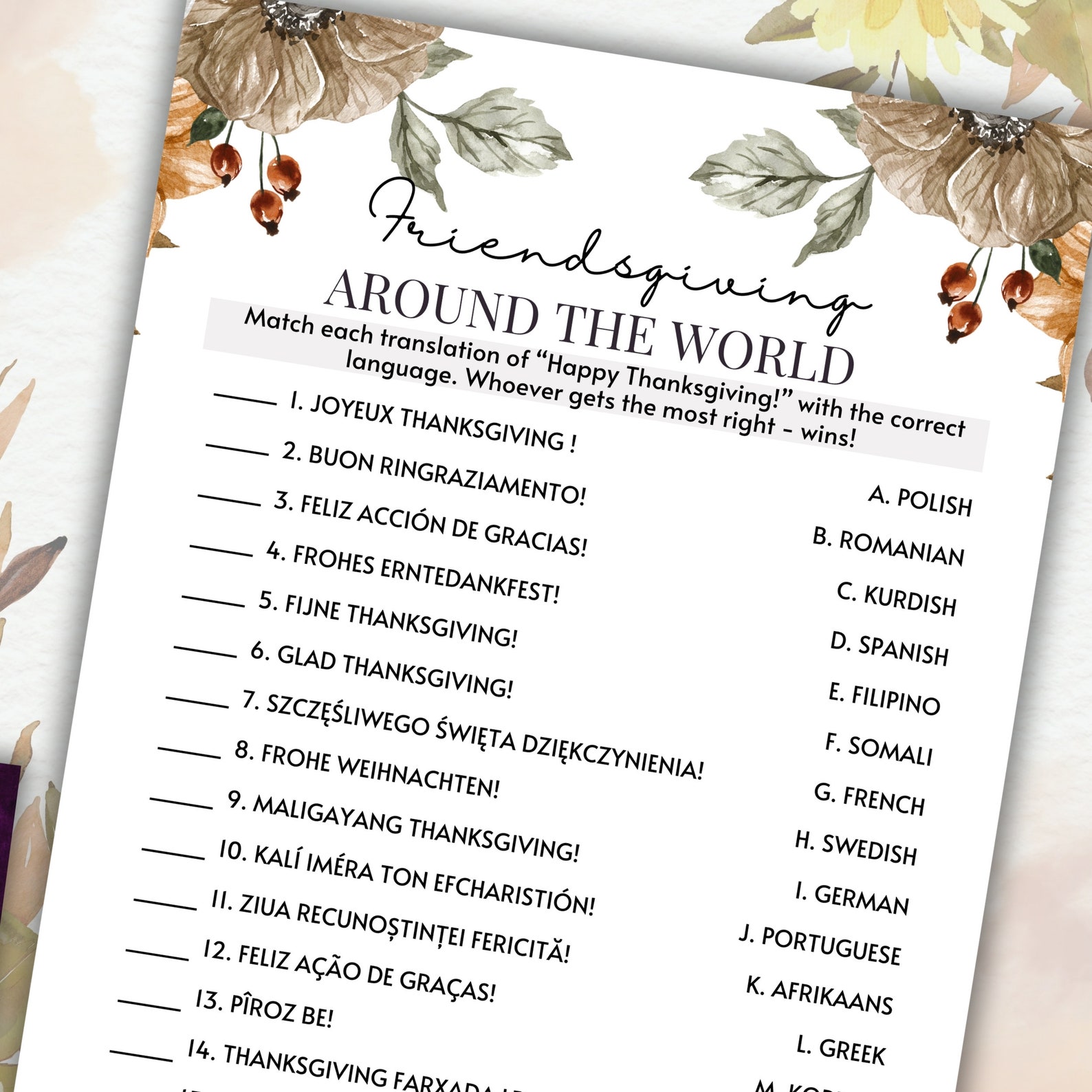Friendsgiving Around the World Printable Foreign Language PDF Fun ...