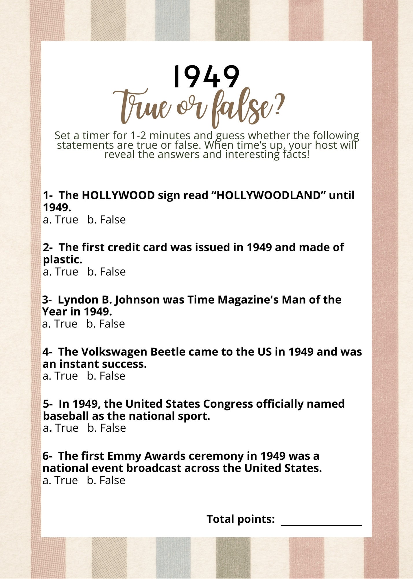 Born in 1949 Trivia 75th Birthday Game Party Pack Bundle Set of Instant ...