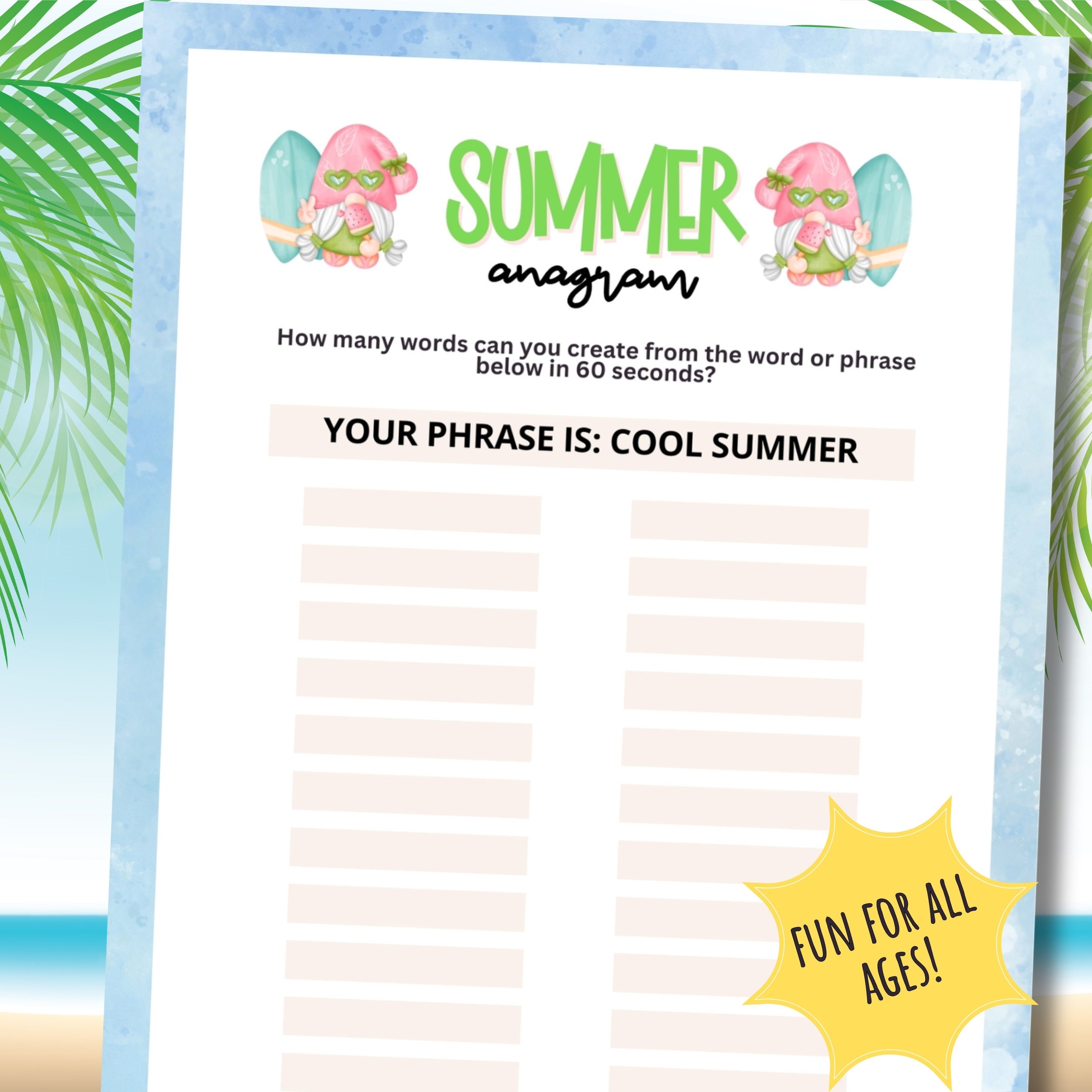 Summer Games for Seniors Kids Adults and Office Work Party Anagram Word Scramble Search for ...