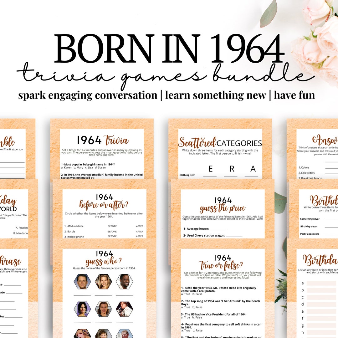 Born in 1964 Printable Birthday Game Party Pack Bundle Set of Instantly ...