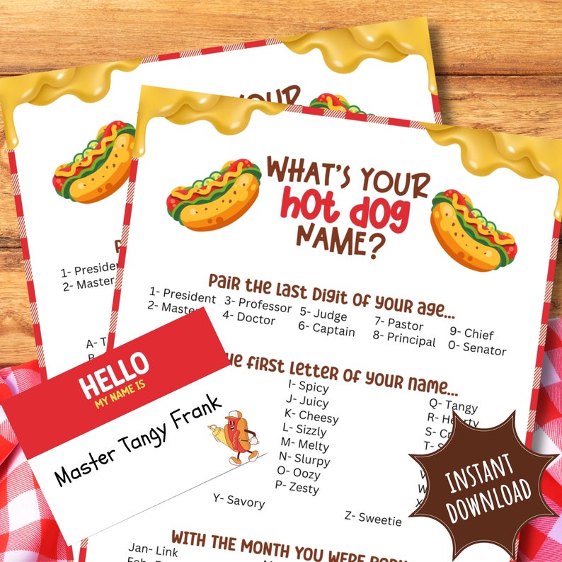 What's Your Hot Dog Name Game Personalized Bratwurst Party Activity for ...
