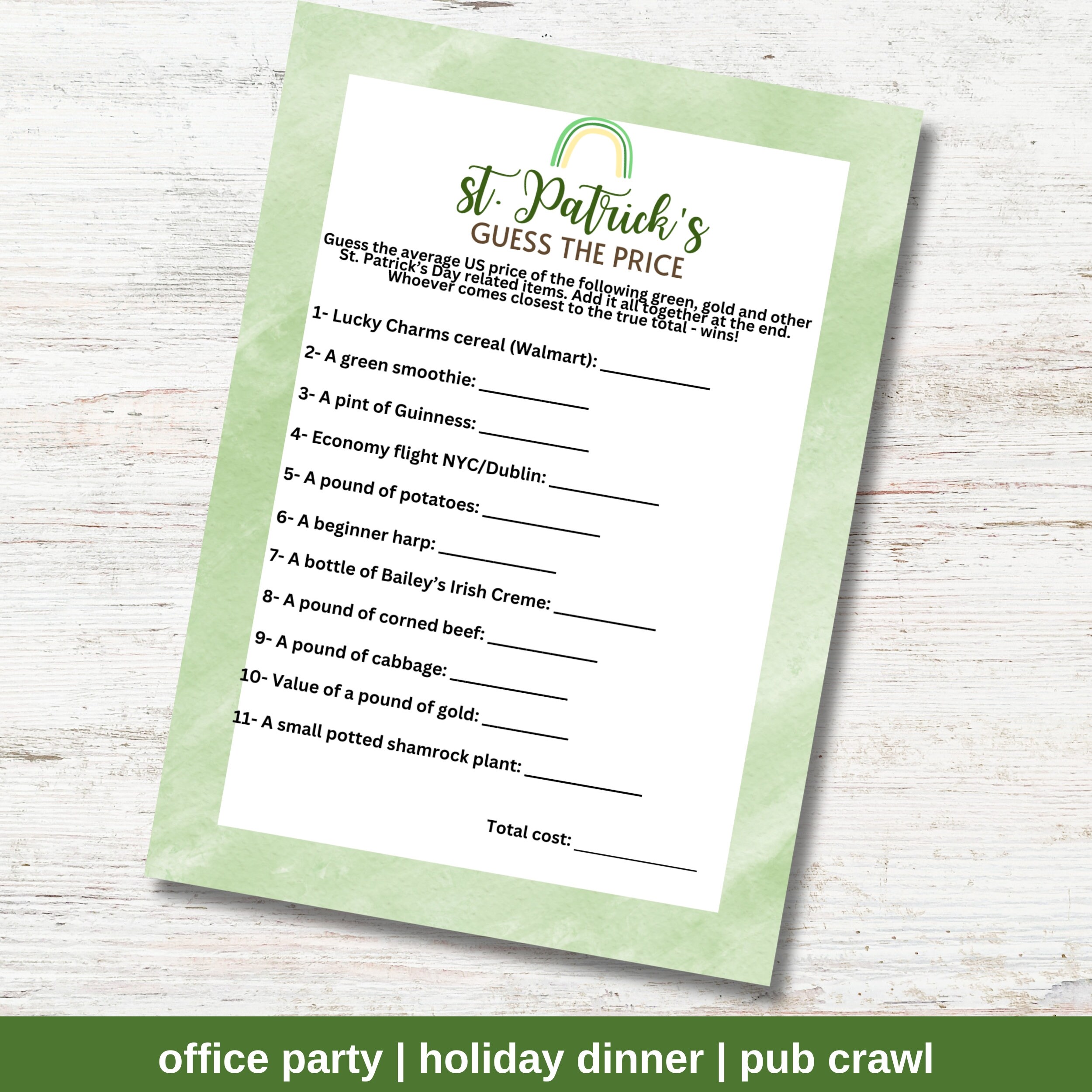 St. Patrick's Day Guess the Right Price Trivia Printable PDF Game for ...